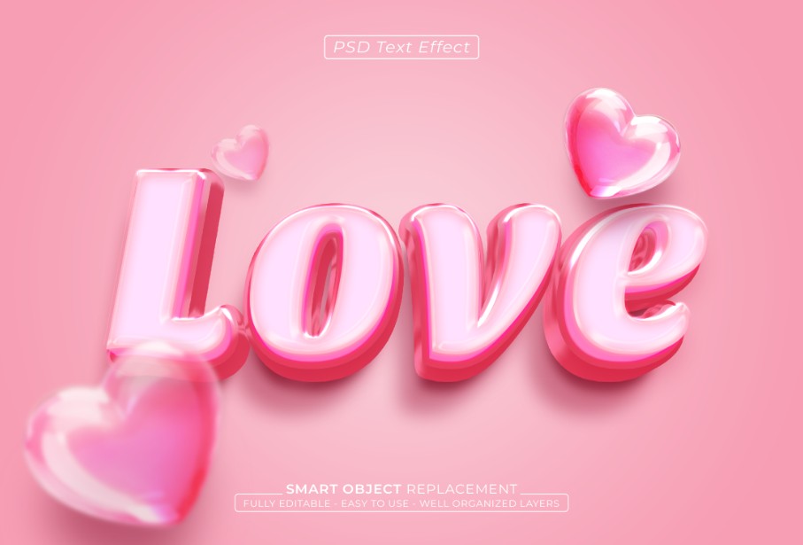 Valentine love 3D text effect high quality fully editable with pink background and 3D cute heart ...